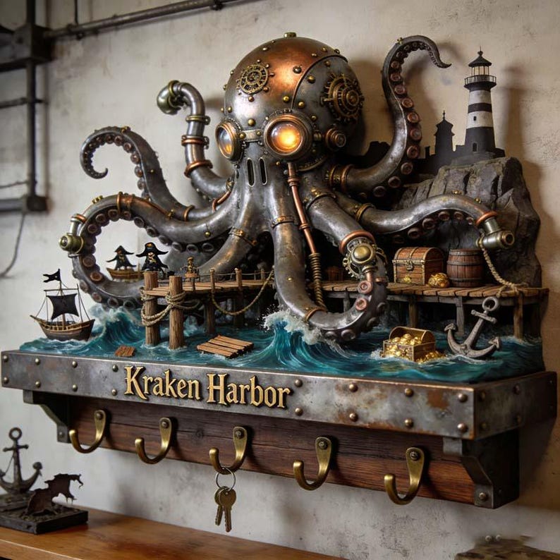 Personalized Steampunk Kraken Key Holder for Wall, Custom Nautical ...
