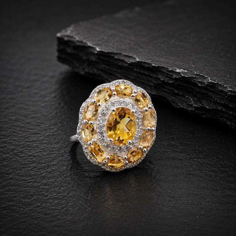Yellow Citrine Cluster Ring With CZ, 925 Sterling Silver Oval Gemstone ...