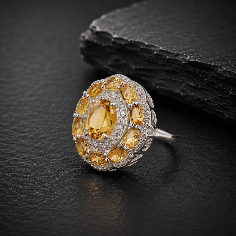 Yellow Citrine Cluster Ring With CZ, 925 Sterling Silver Oval Gemstone ...