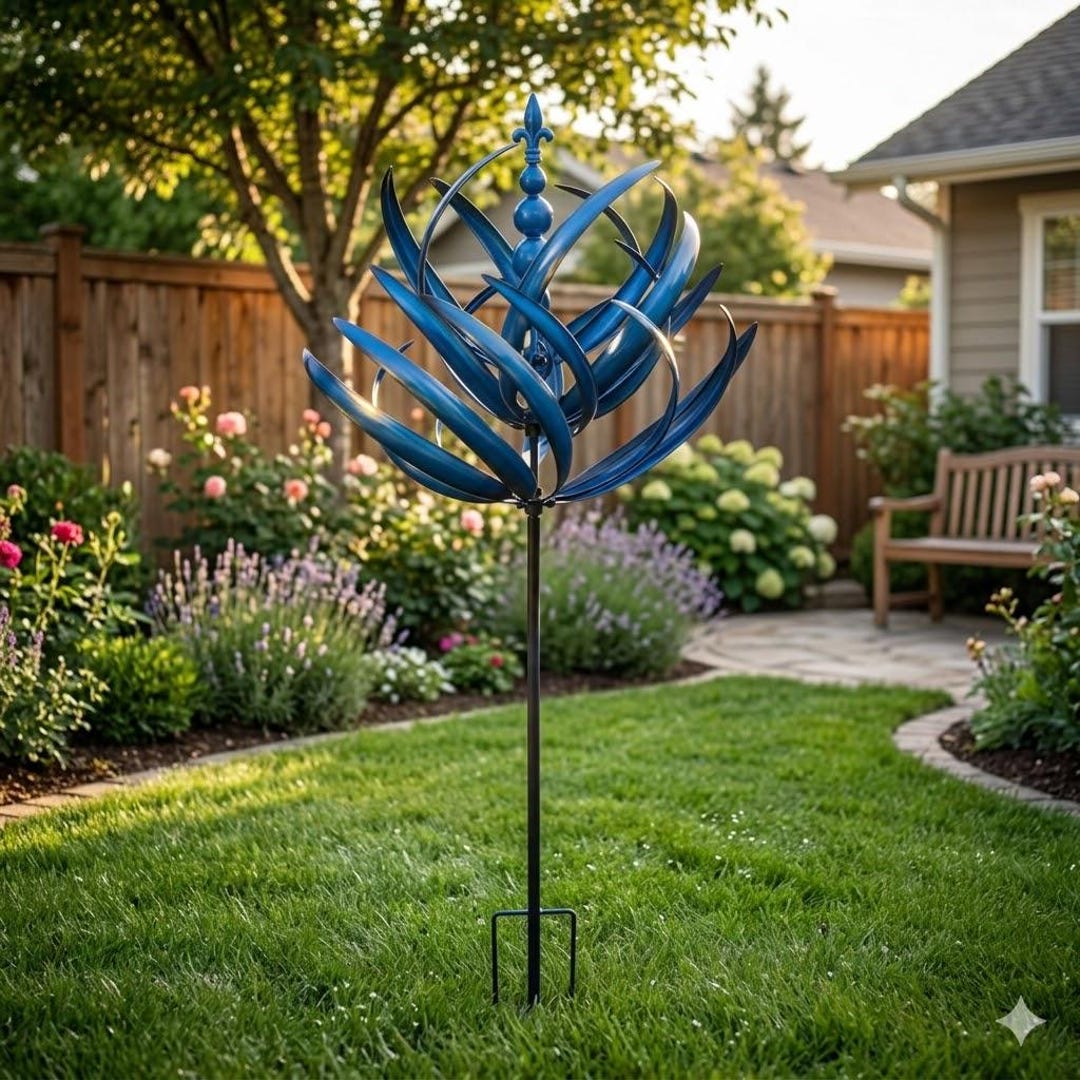 Metal Wind Spinner Kinetic Garden Stake, Lotus Outdoor Sculpture, Large ...