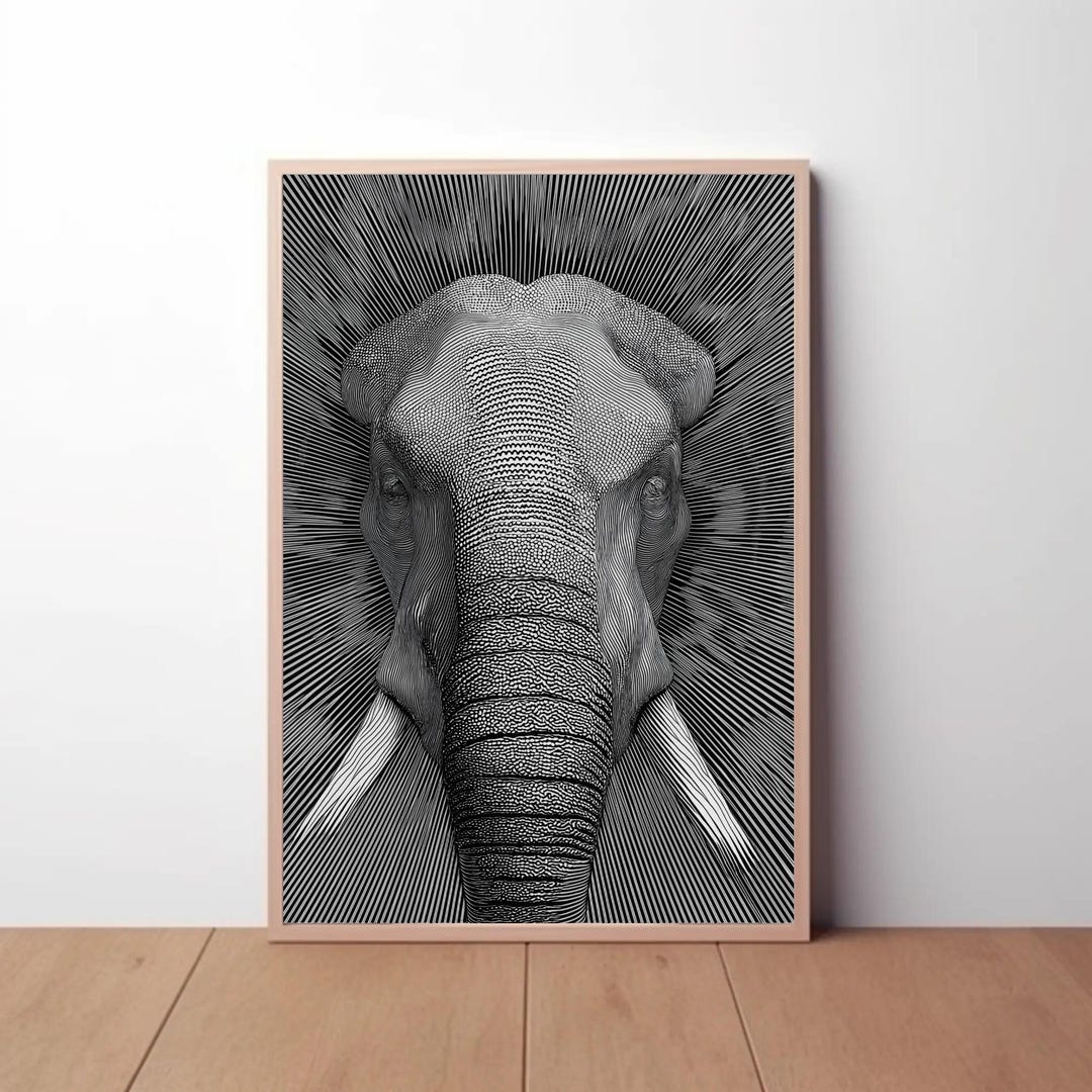 Detailed Elephant Art Print – Fine Line Animal Poster, Monochrome ...