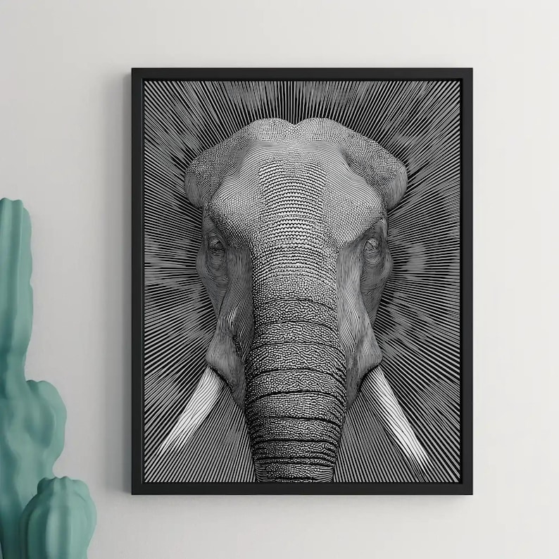 Detailed Elephant Art Print – Fine Line Animal Poster, Monochrome ...