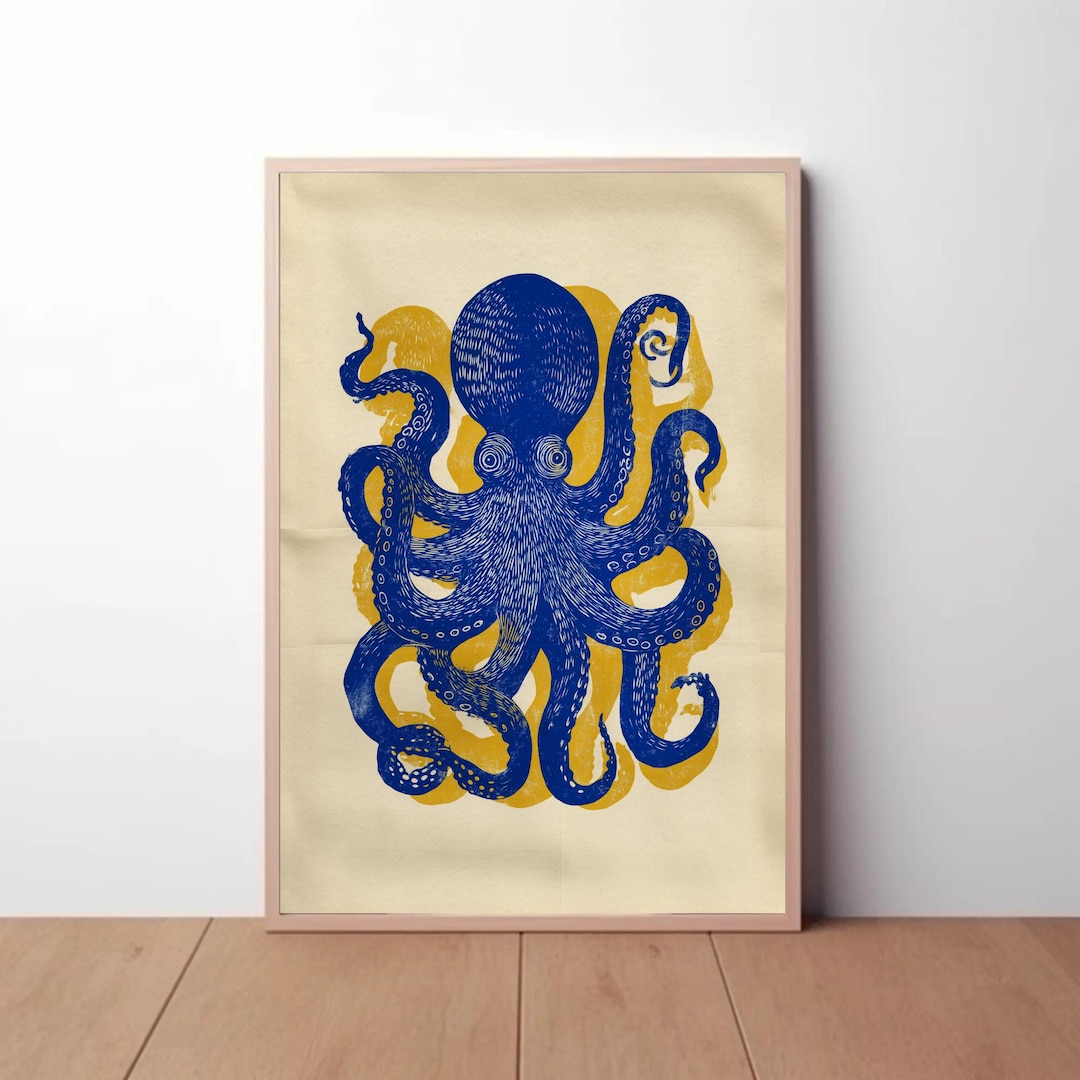 Bold Octopus Linocut Print – Blue and Gold Ocean Art Poster - Etsy