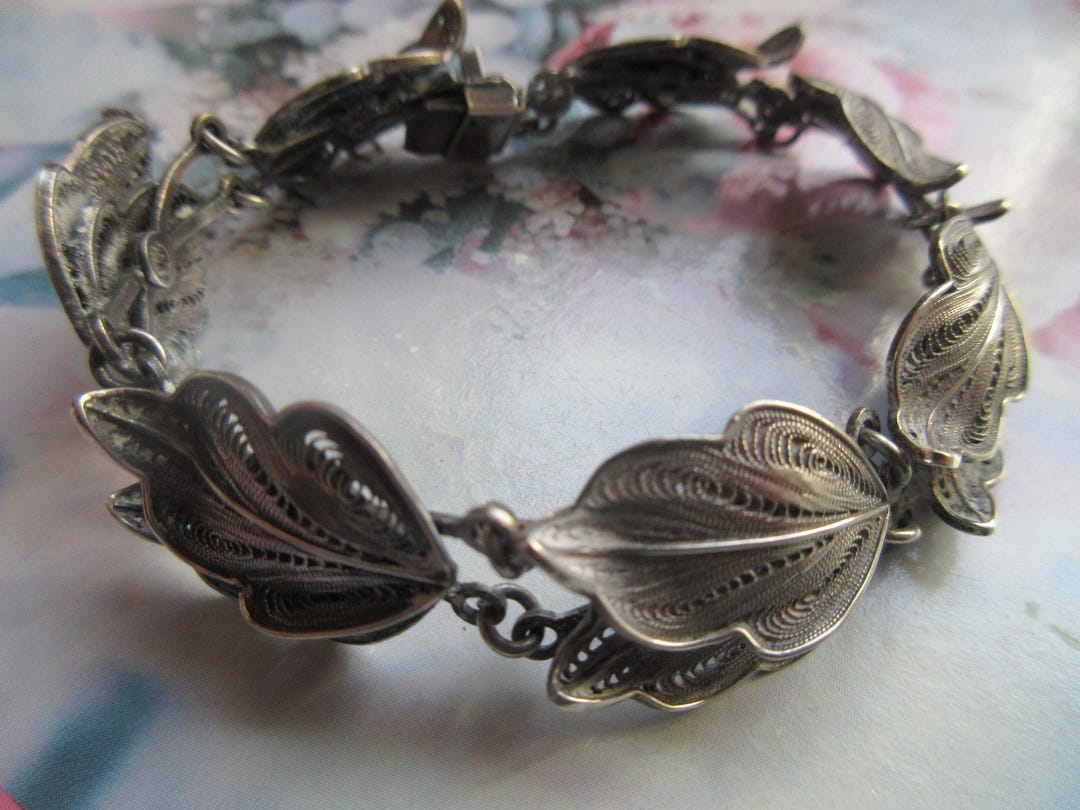 Vintage 800 Silver Filigree Bracelet - Spun Silver Leaves - Etsy
