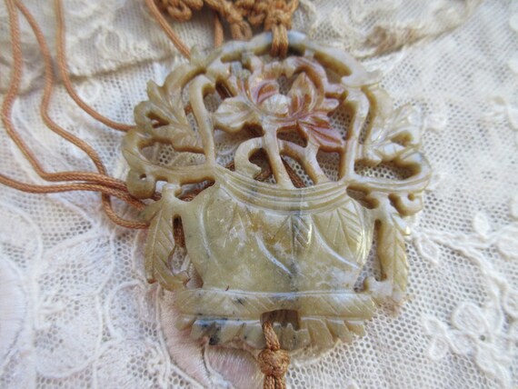 Vintage Asian Carved Stone Macrame Necklace - Vintage… - Gem