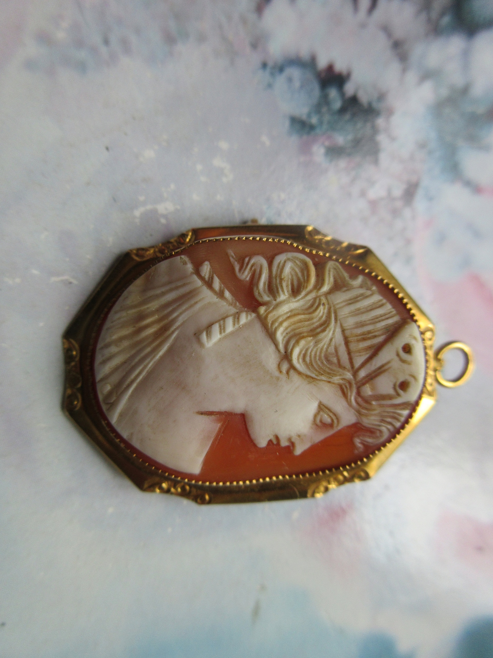 Vintage 10KT Carved Shell Cameo Pin Pendant Psyche With Butterfly Wing ...