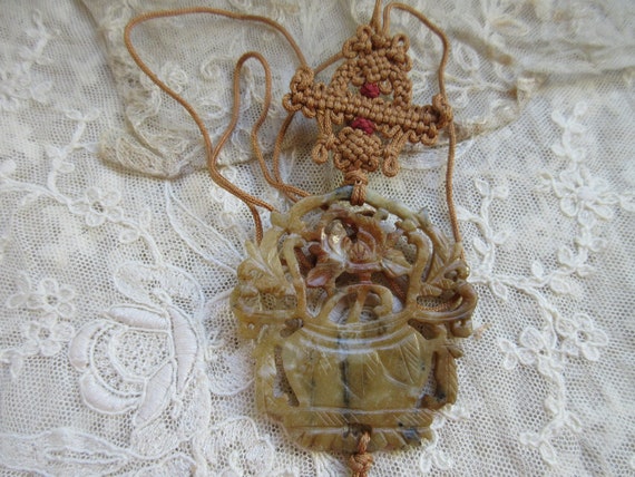 Vintage Asian Carved Stone Macrame Necklace - Vintage… - Gem