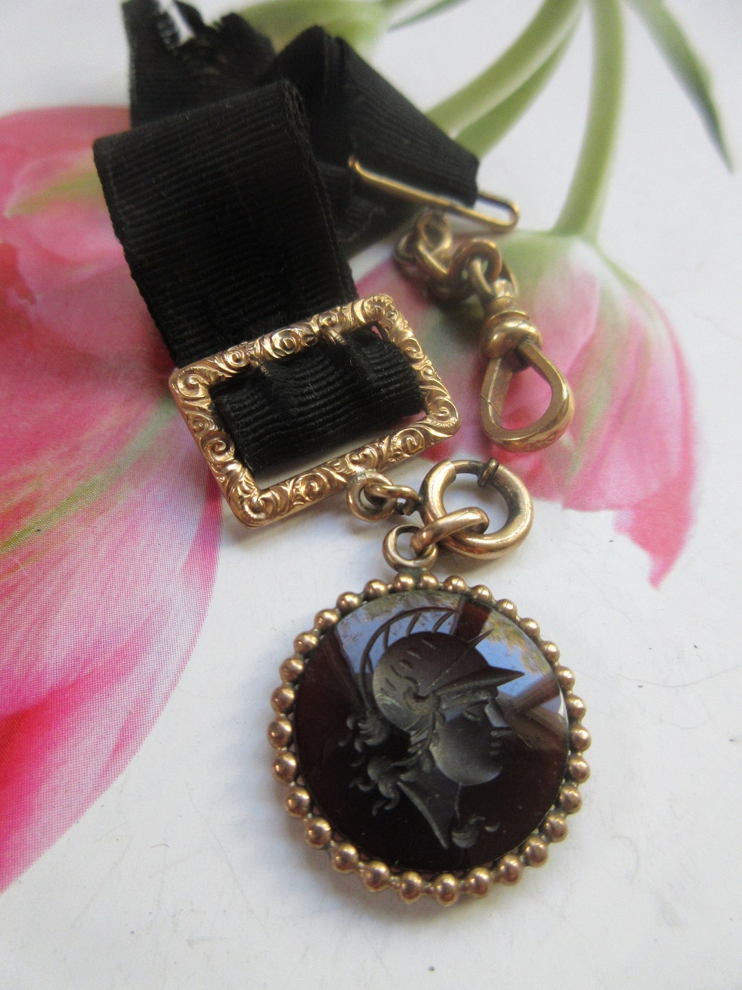 Antique Victorian Pocket Watch Ribbon Chain Carved Intaglio Watch Fob ...