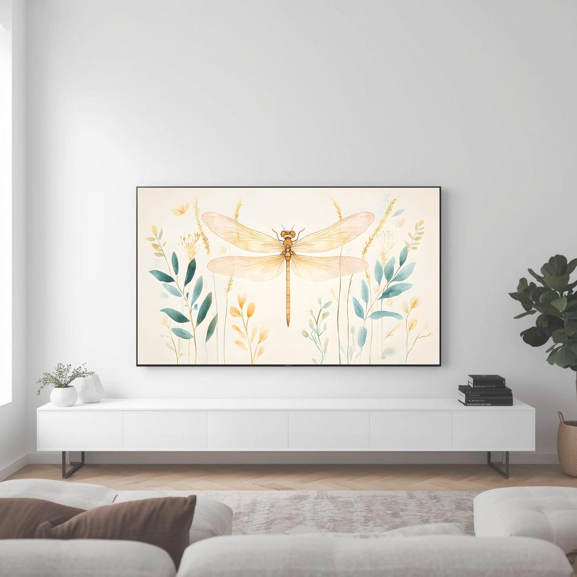 Dragonfly Botanical Minimalist Wall Art Frame TV | Golden Insect Print ...