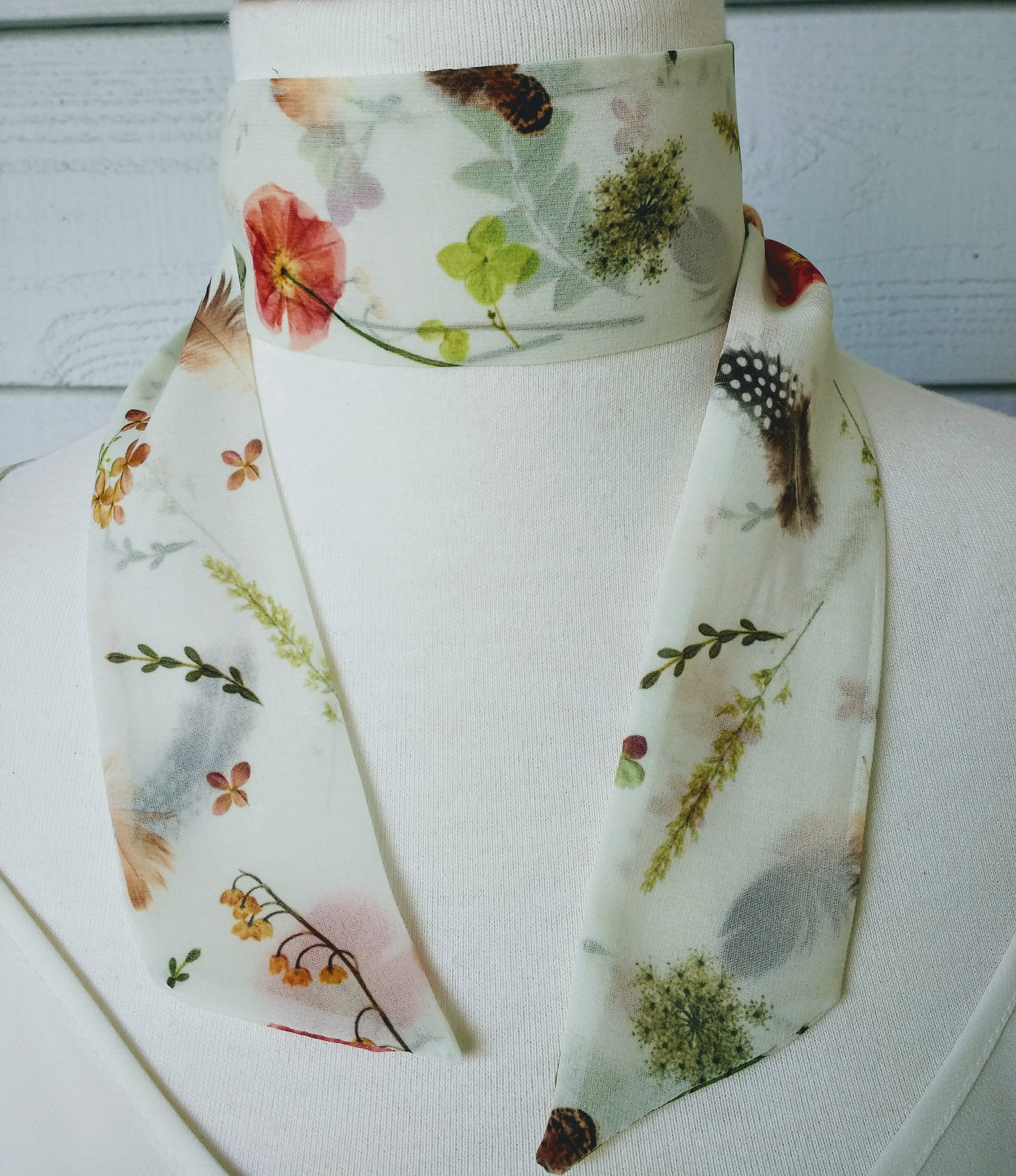 Skinny Scarf, Floral Scarves, Wildflower Garden With Feathers, Scarves ...