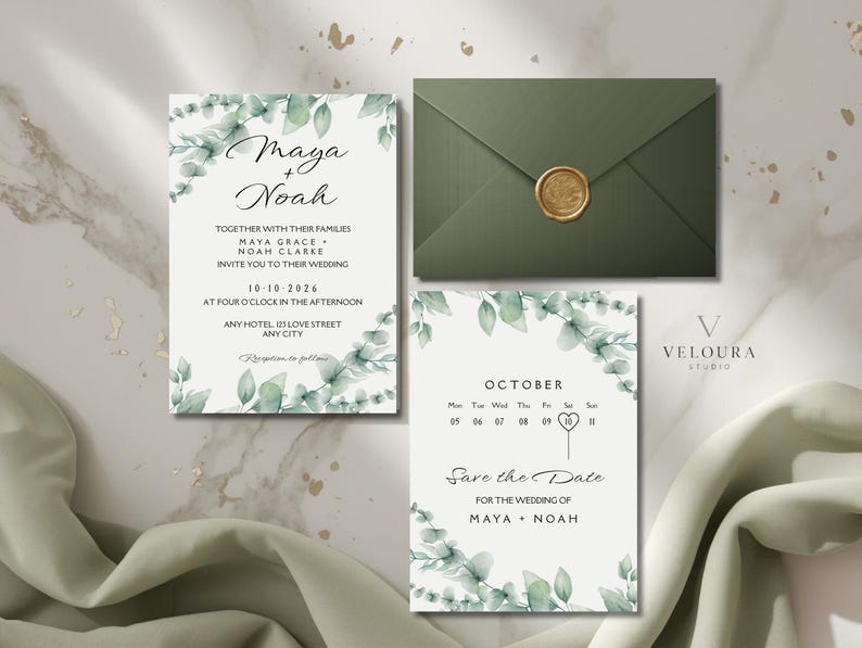 Greenery Wedding Invitation Suite, Eucalyptus Botanical Canva Template ...