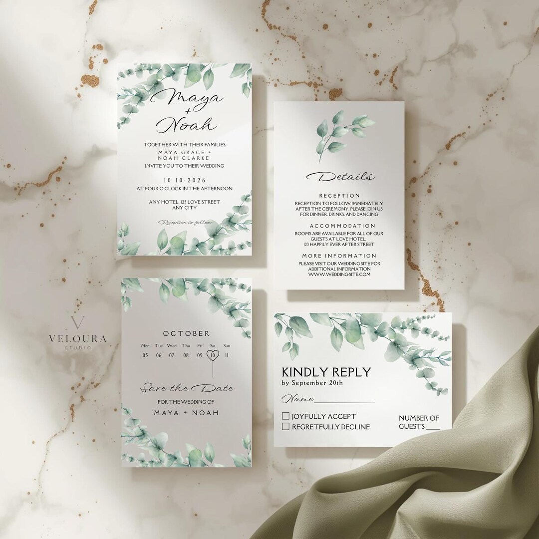 Greenery Wedding Invitation Suite, Eucalyptus Botanical Canva Template ...