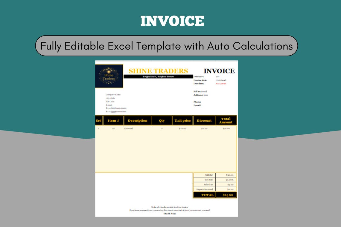 Editable Excel Invoice Template, Auto-calculating Business Tax Form ...