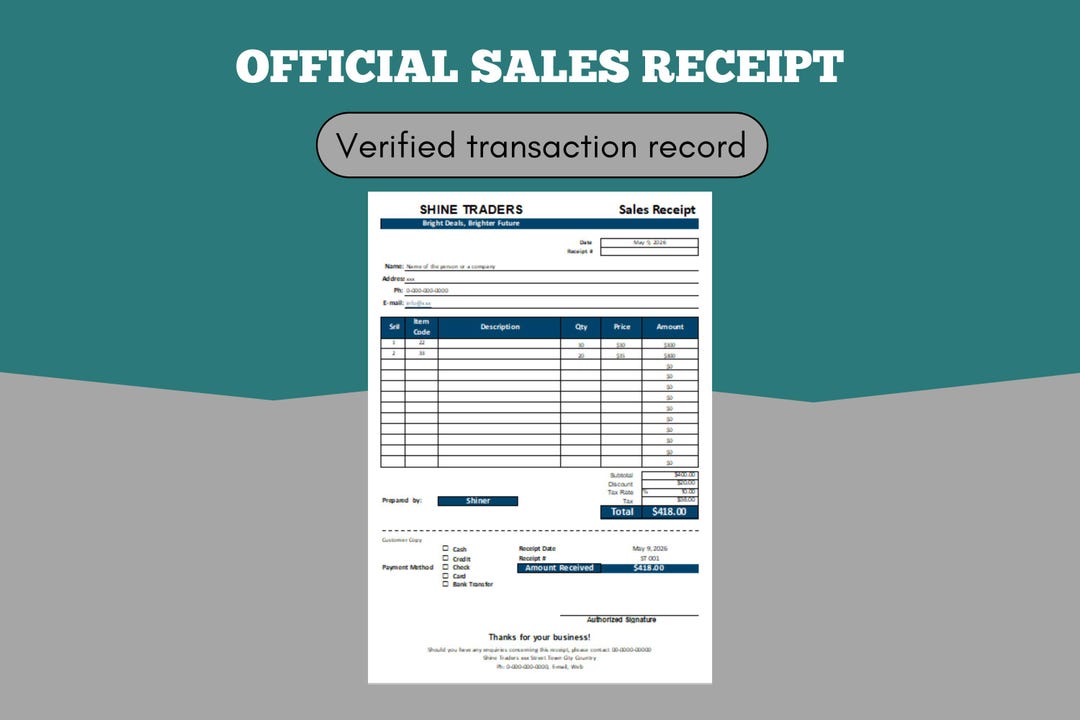 Editable Excel Sales Receipt Template, Auto-calculating Business ...