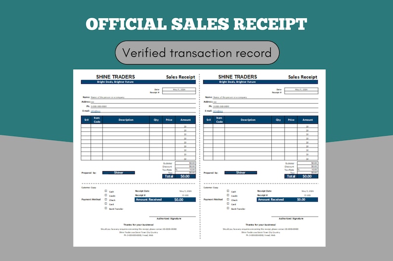 Editable Excel Sales Receipt Template, Auto-calculating Business ...