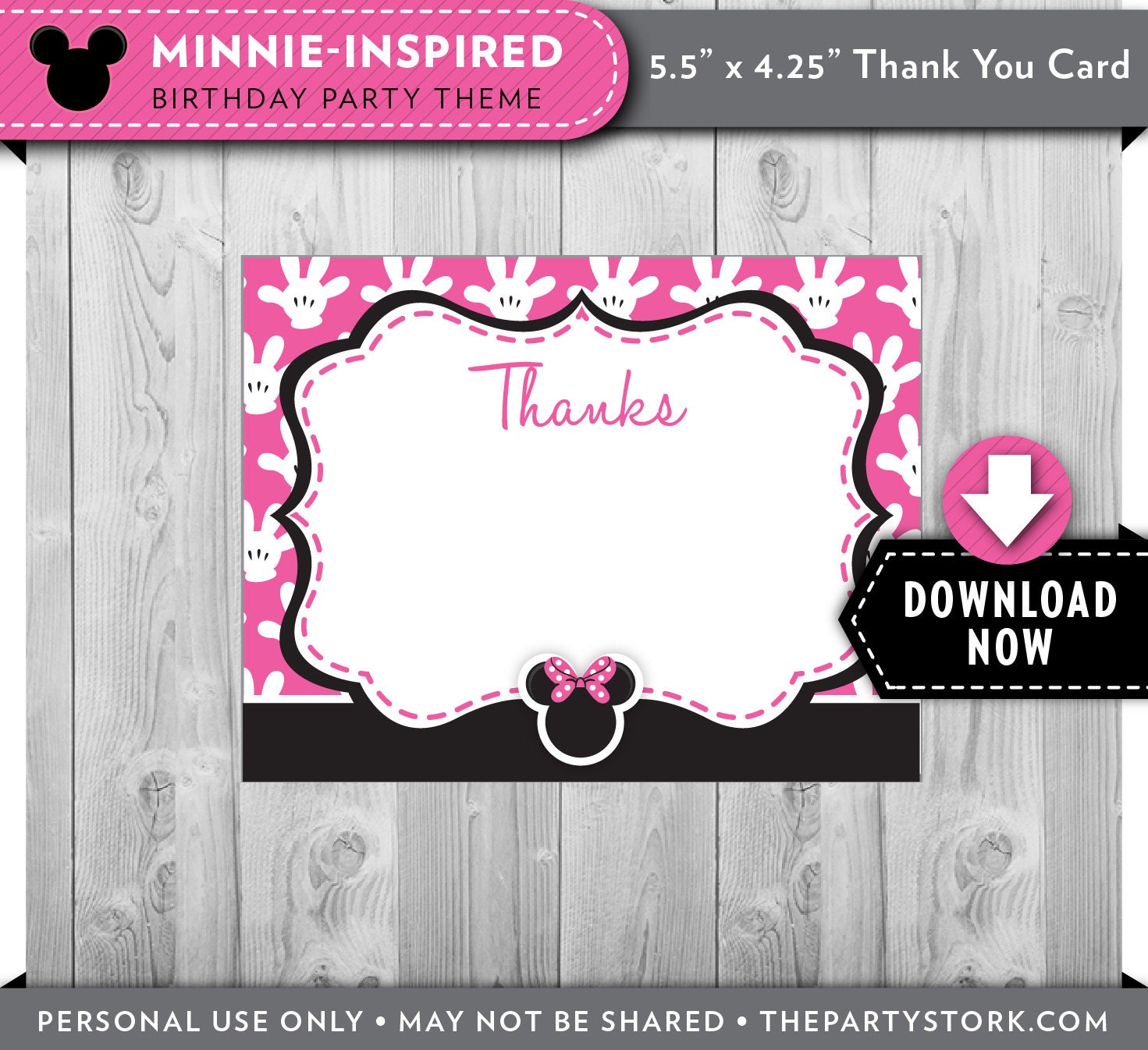 Minnie Mouse Thank You Card Printable Minnie Thank You Card Hot Pink ...