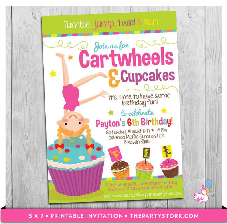 Cartwheels and Cupcakes Invitation: Printable Girls Birthday Party ...