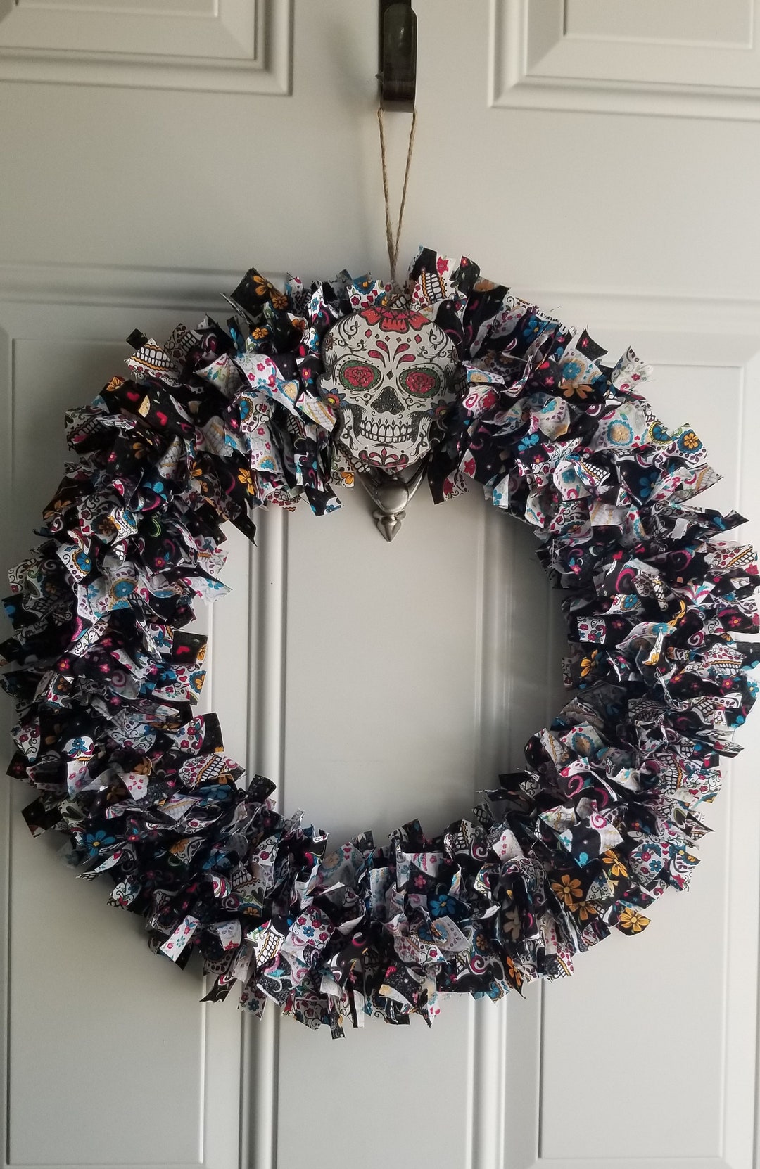Day of the Dead Rag Wreath Black Themed Material White Sugar Skull - Etsy