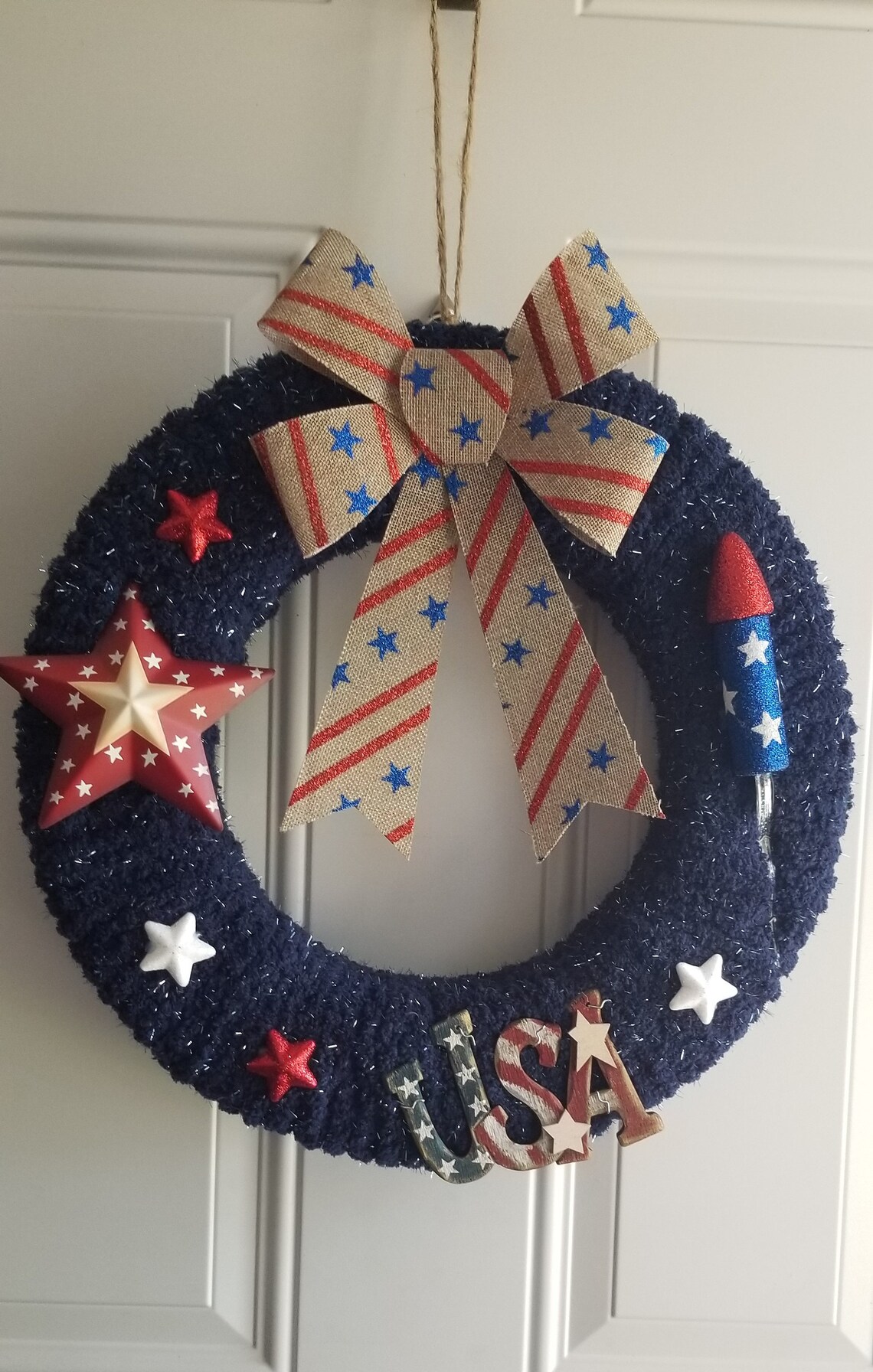 Patriotic Yarn Wrapped Wreath, Blue Yarn Wrapped 4th of July Wreath ...