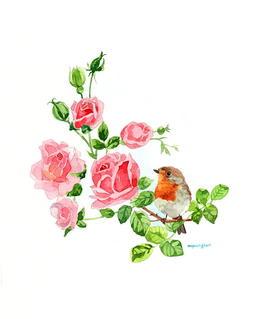 Original Watercolor Painting, Robin in Roses, 6 X 8 Inches, Gift for ...