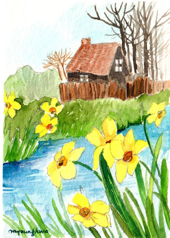 ACEO ORIGINAL in watercolor A house over the brook Gift for | Etsy