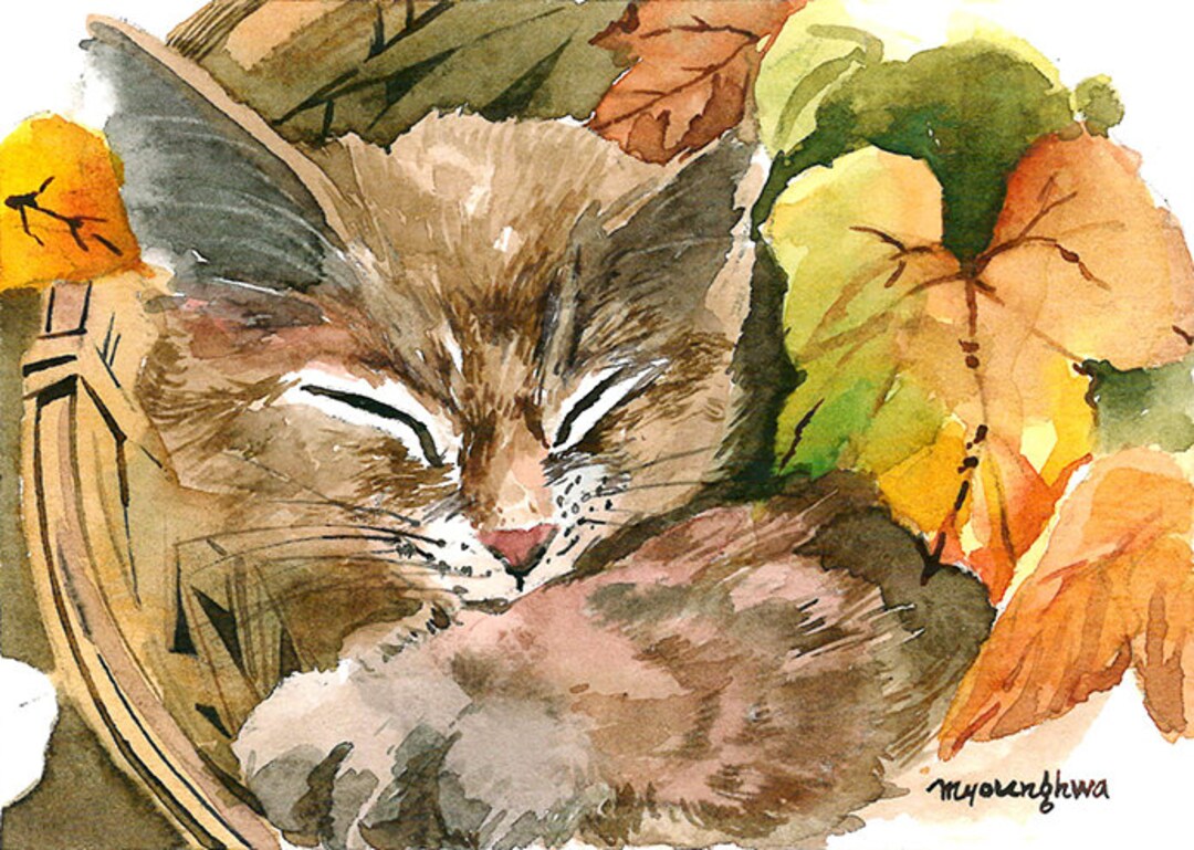 ACEO Limited Edition 4/25 autumn Nap Cat Painting, Autumn Kitten, Art ...