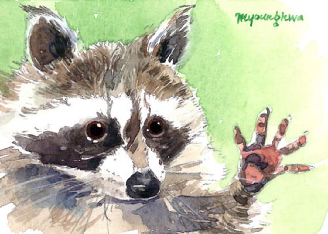 Goodbye Raccoon Art Print - Cute Wildlife Watercolor Painting, Limited ...