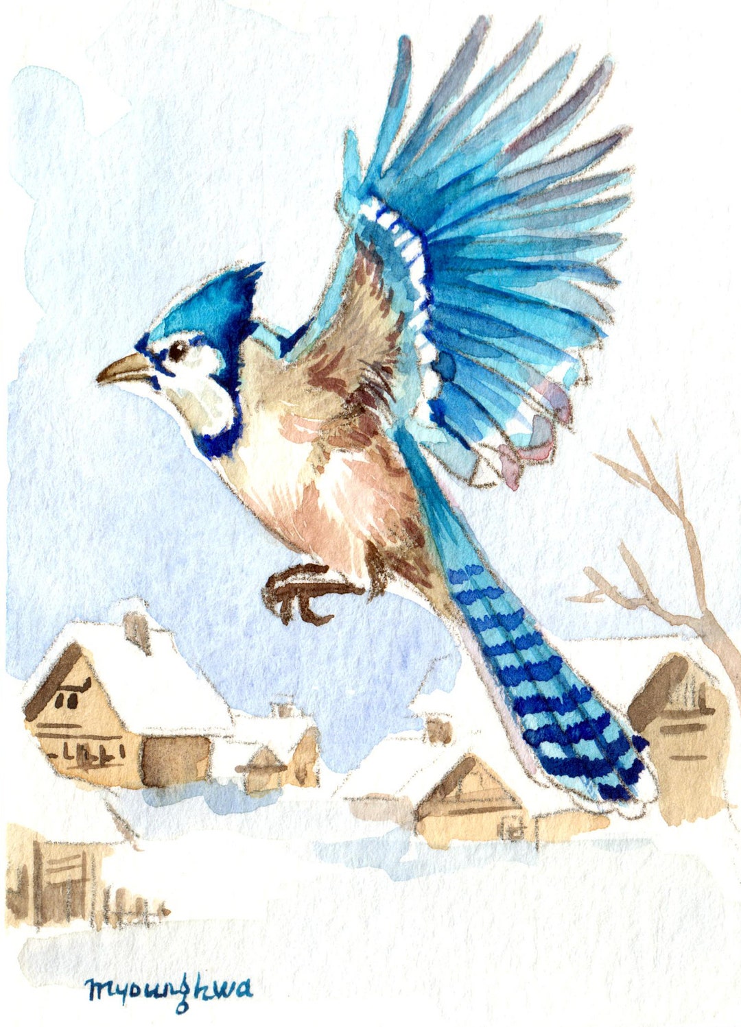 ACEO Limited Edition 1/50-blue Jay Flying Over the Snow-covered Village ...
