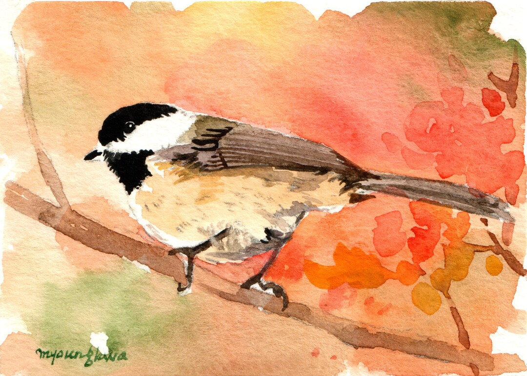 ACEO Limited Edition 1/50- Chickadee in Autumn Palette, Gift for Bird ...