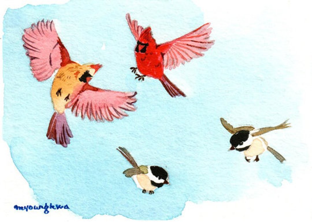 ACEO Limited Edition 1/50 Dancing Birds, Cardinals, Chickadees, Bird ...