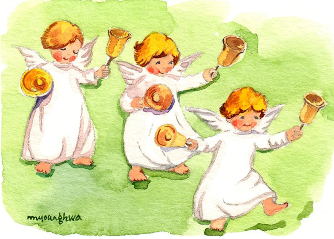 ACEO ORIGINAL Watercolor, Dancing Angels With Bells Inspired by Erica ...