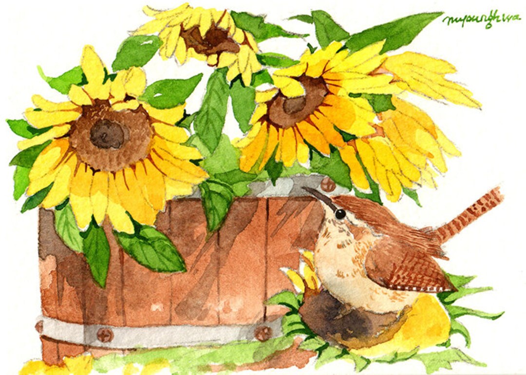 ACEO Limited Edition 9/25, Last Day of Summer, Wren in Sunflower, Gift ...