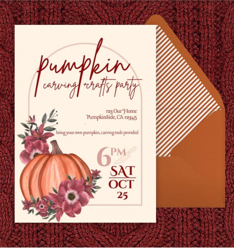 Editable Red Pumpkin Invitation, Party Template Invite, Pumpkin Carving ...