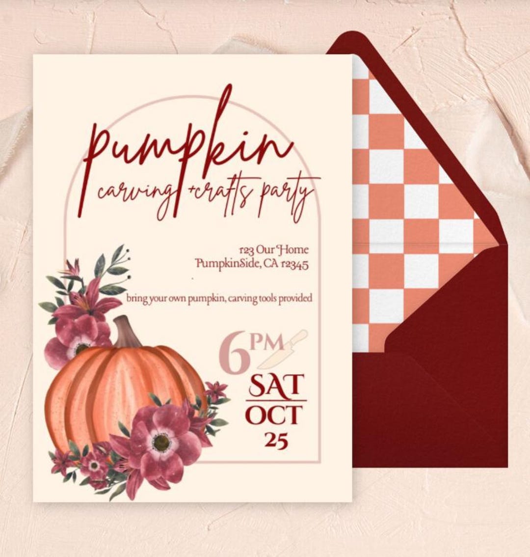 Editable Red Pumpkin Invitation, Party Template Invite, Pumpkin Carving ...