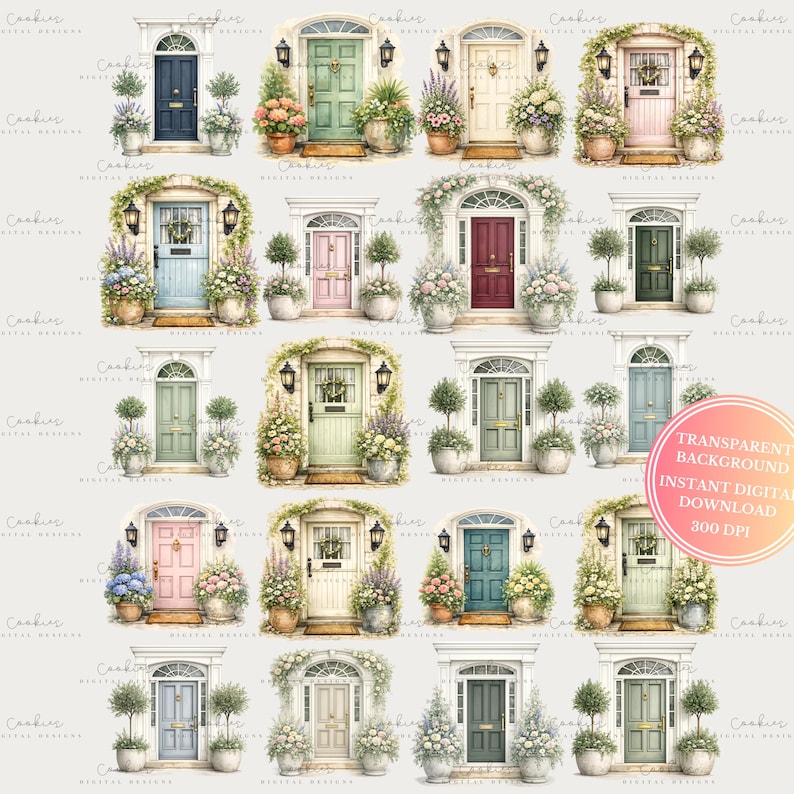Watercolor Front Door Clipart Bundle | Cottagecore Floral Entryway ...