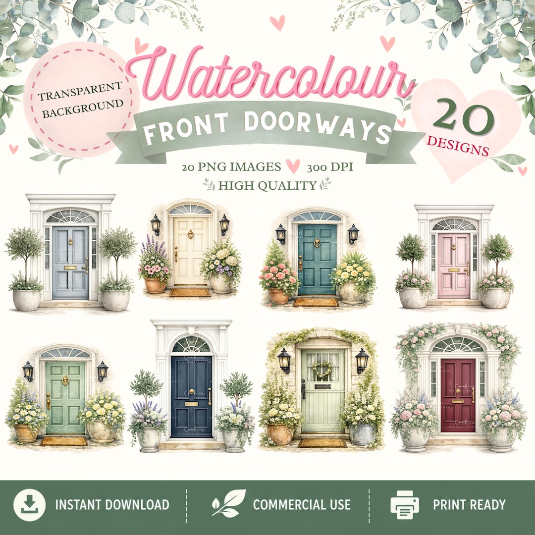 Watercolor Front Door Clipart Bundle | Cottagecore Floral Entryway ...