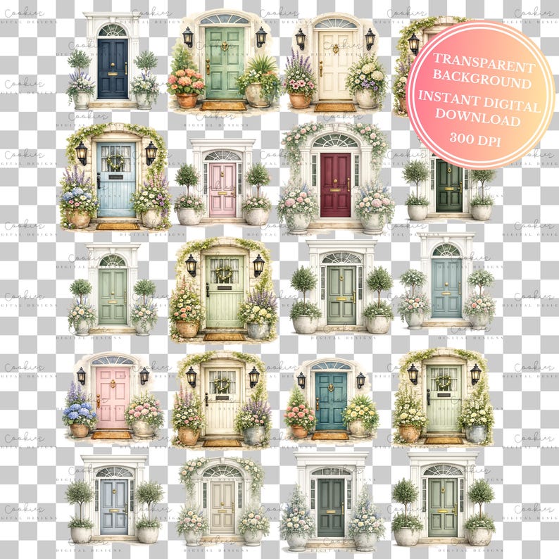 Watercolor Front Door Clipart Bundle | Cottagecore Floral Entryway ...