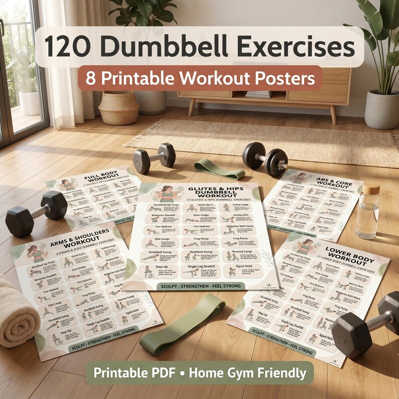 Full Body Dumbbell Workout Posters, 120 Exercises, Home Gym Charts ...
