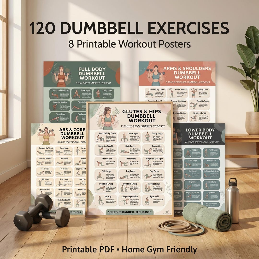 Full Body Dumbbell Workout Posters, 120 Exercises, Home Gym Charts ...