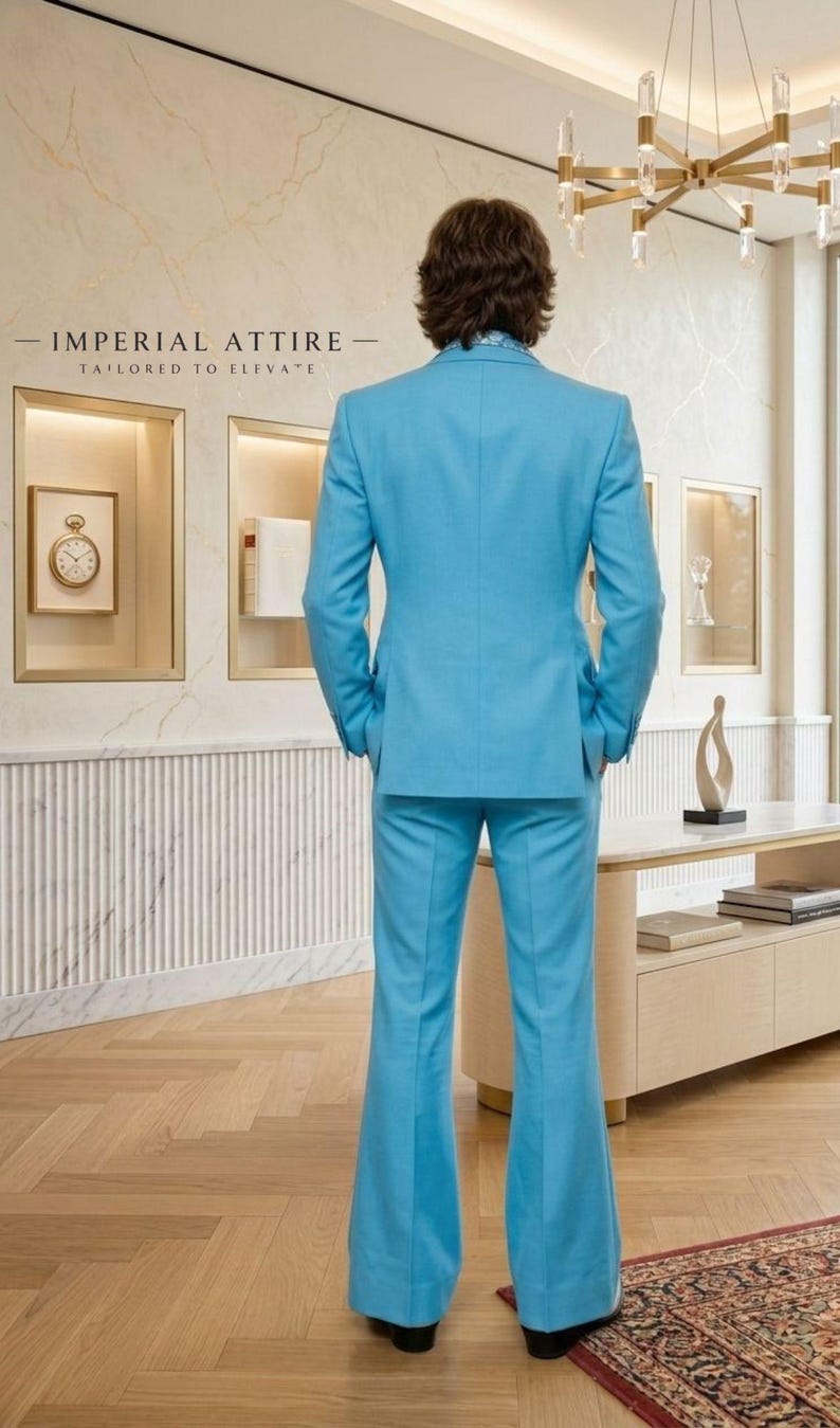 Men's Turquoise Blue 1970s Disco Suit, Wide Lapel Blazer, Bell Bottom ...