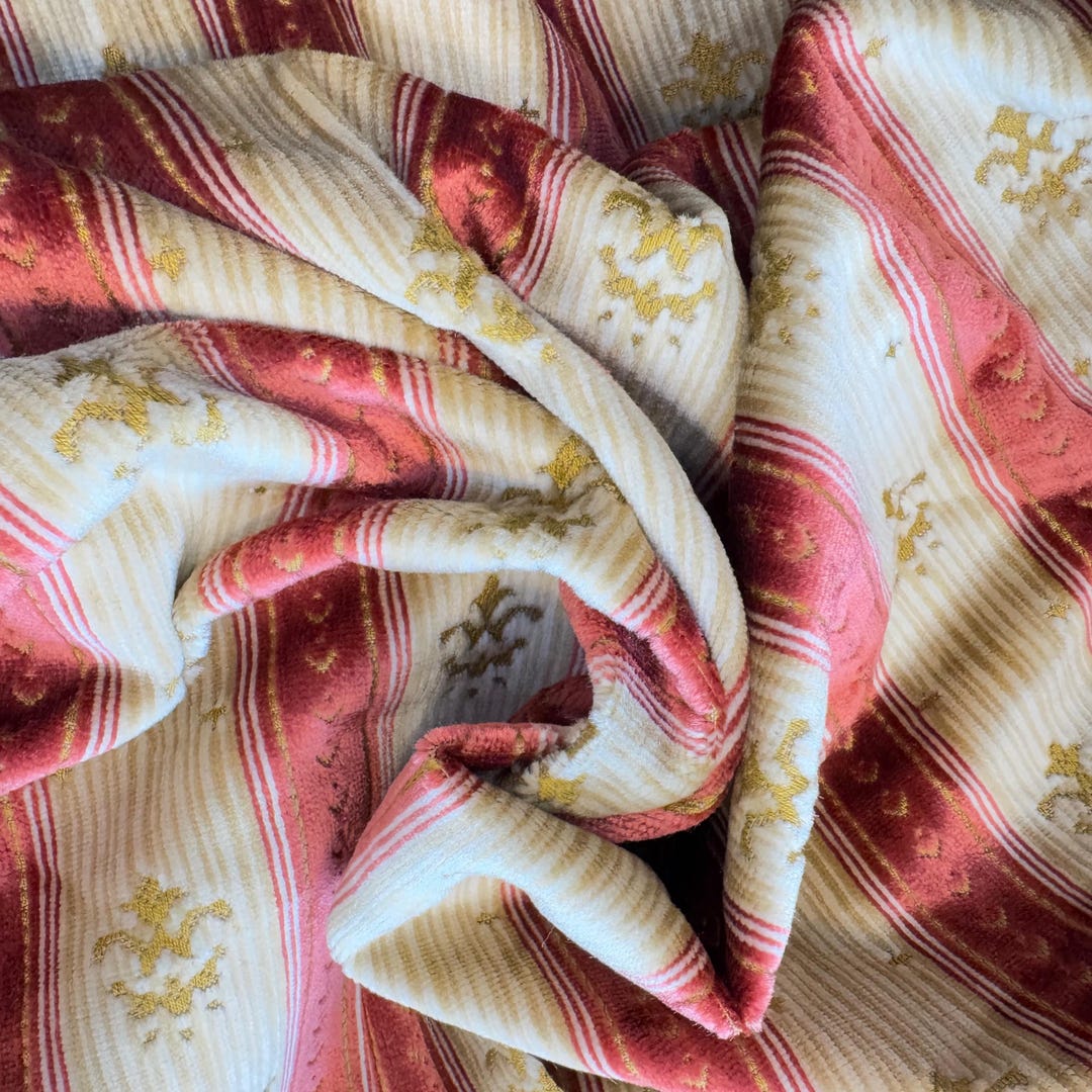 Striped Red and Gold Velvet Tapestry Jacquard Fabric With Golden Fleur ...