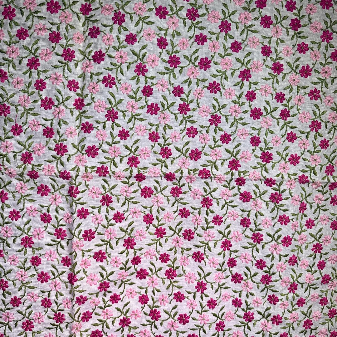 Pink and White Floral Embroidered Linen Style Fabric - Etsy