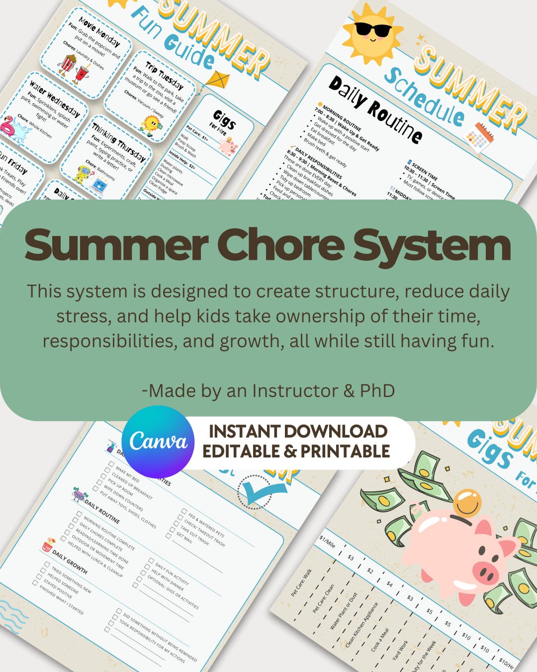 Summer Kids Planner | Chore Chart, Schedule, Gigs (editable Canva PDF ...