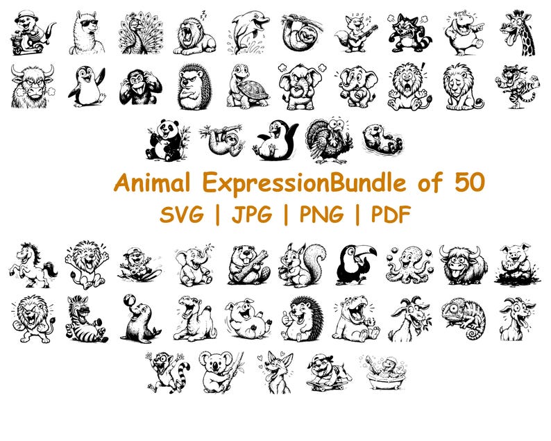 Animal Expression Bundle, 50 Cartoon Designs (SVG, PNG, PDF) - Etsy