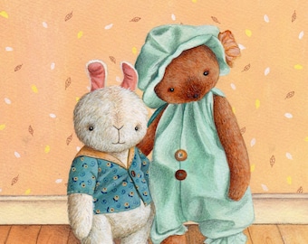 Nursery Art Print Teddy Bear and Bunny Reading a Story | Etsy