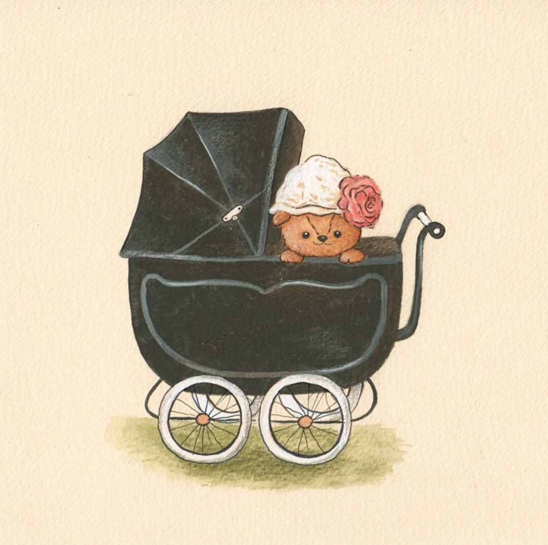 Girl Teddy Bear in a Pram Art Print, Newborn Art, Baby's Bedroom ...