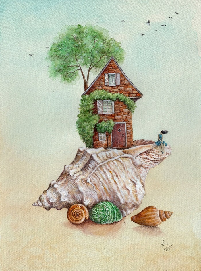 The Shell, Art Print, Watercolor Print, Watercolour, Whimsical Art ...