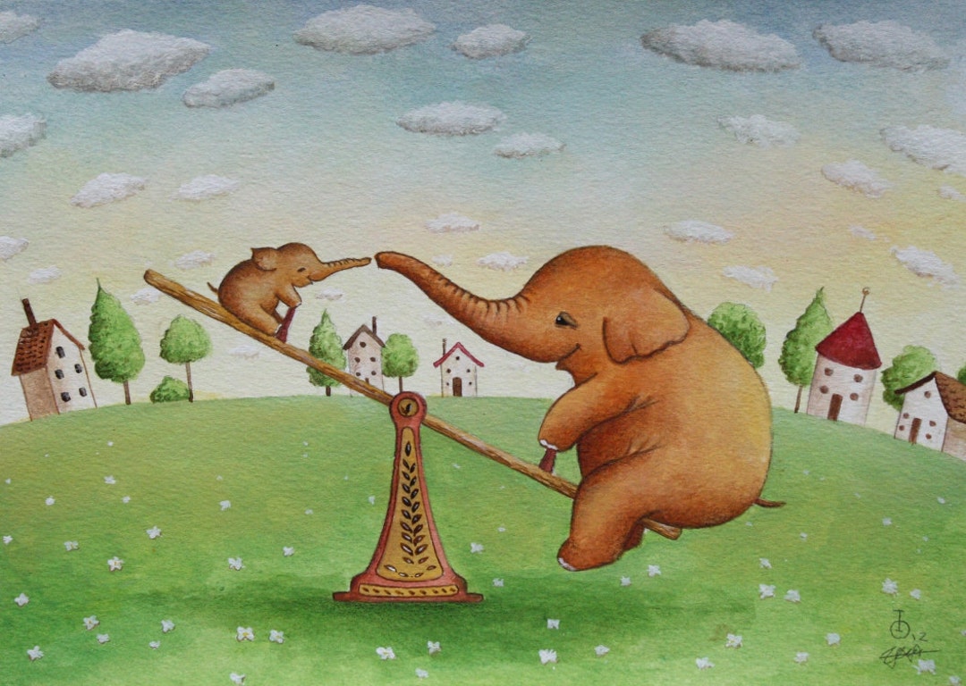 Elephants on Seesaw Art Print, Newborn Art, Baby's Bedroom Illustration ...