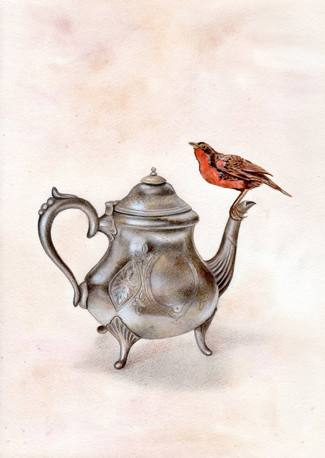 Silver Teapot and Bird, Art Print, Watercolor Art, Wall Art, Bedroom ...