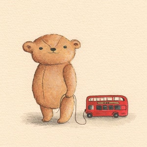 Teddy Bear With Red Bus, Art Print, Nursery Decor, London Nursery Art ...